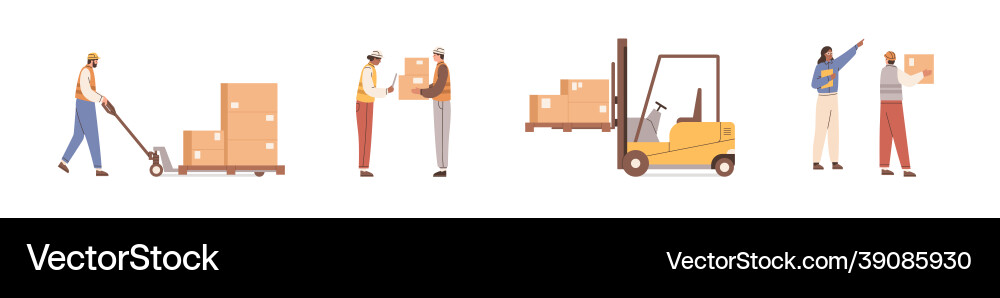 Set of warehouse staff working with boxes pallets Vector Image