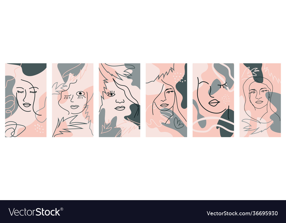 Set womans face continuous line art abstract Vector Image