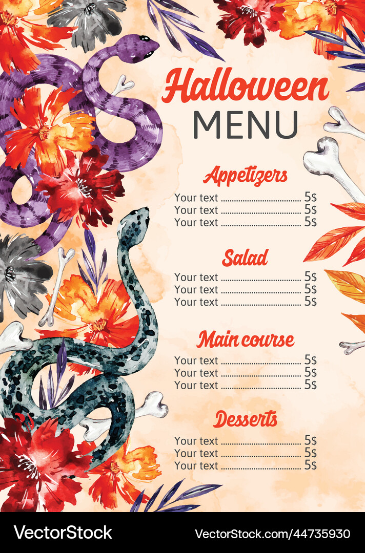 Watercolor halloween menu template design Vector Image