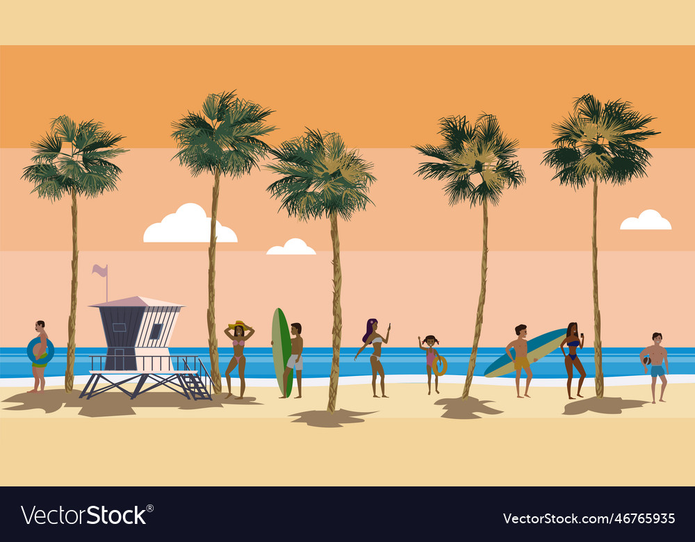 Beach landscape with lifeguard station people Vector Image