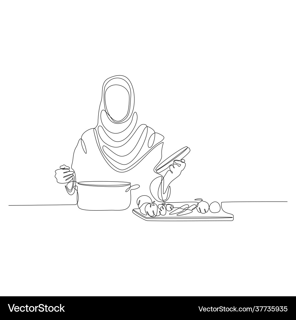 Continuous line beautiful woman cooking Royalty Free Vector
