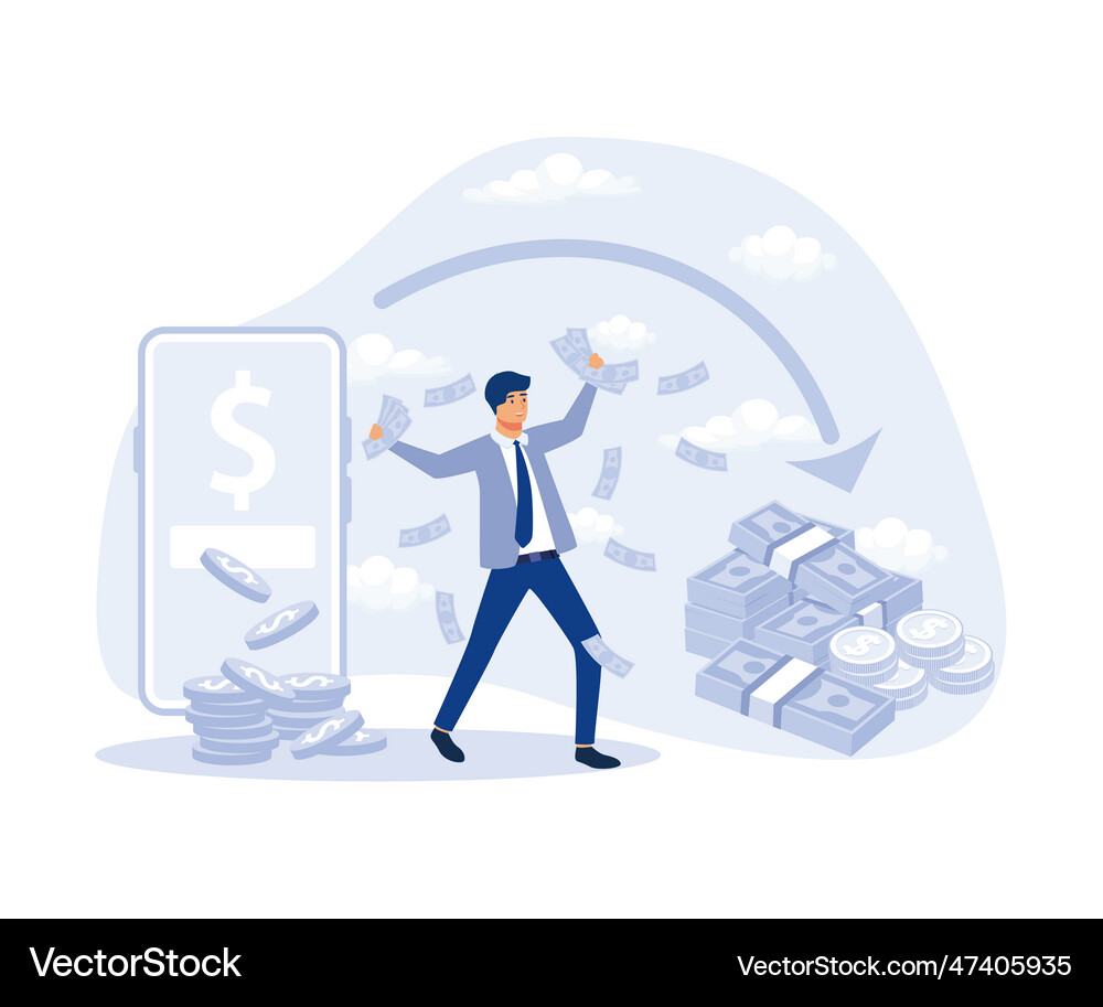 Makes financial operations using mobile app money Vector Image