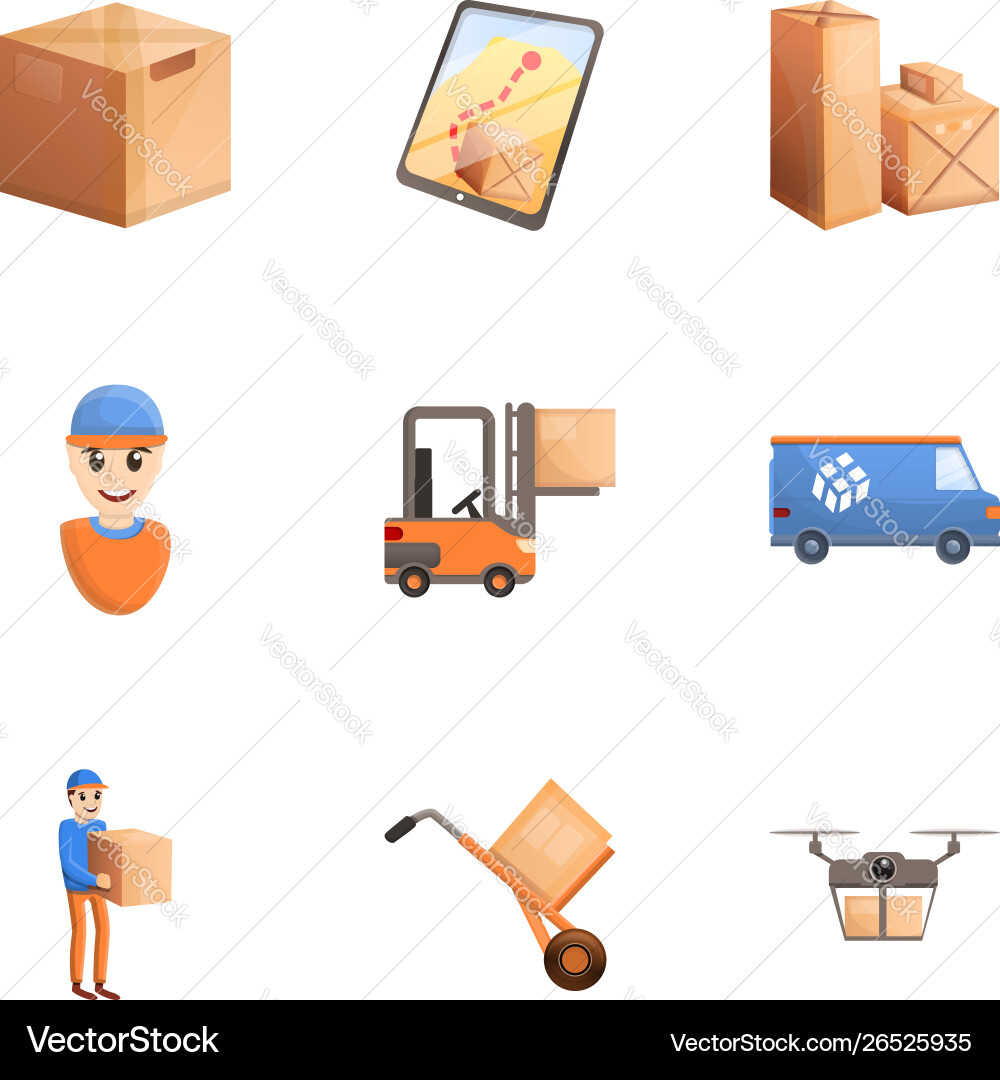 Parcel delivery icon set cartoon style Royalty Free Vector