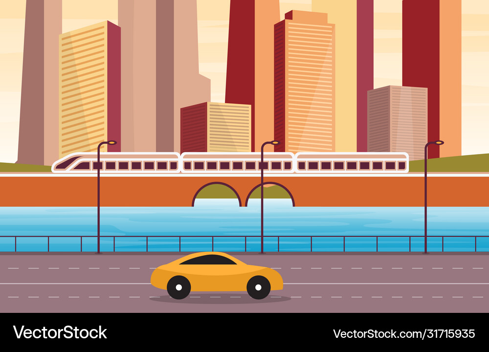River water city modern building rail train Vector Image