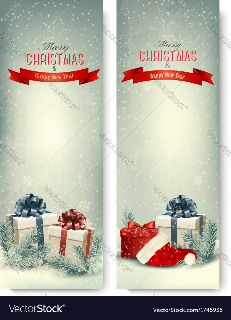 Two retro holiday banners with gift boxes and Vector Image