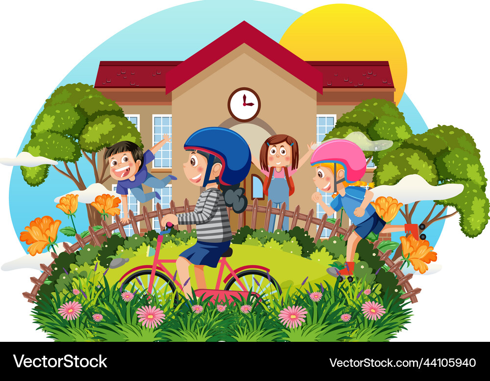 Cartoon children at backyard Royalty Free Vector Image