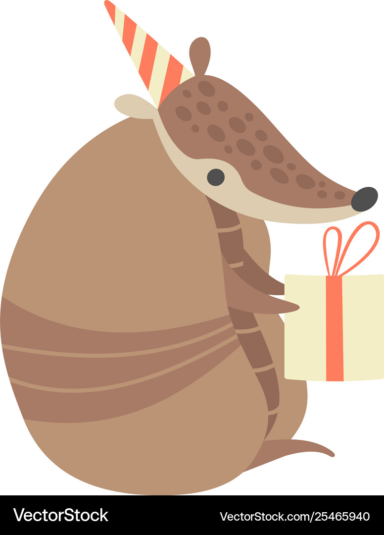 Cute armadillo in party hat holding gift box Vector Image