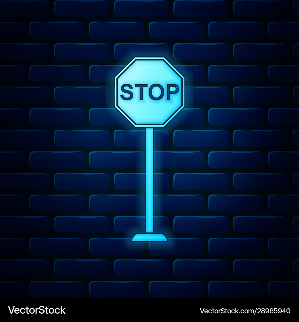 Glowing neon stop icon isolated on brick wall Vector Image