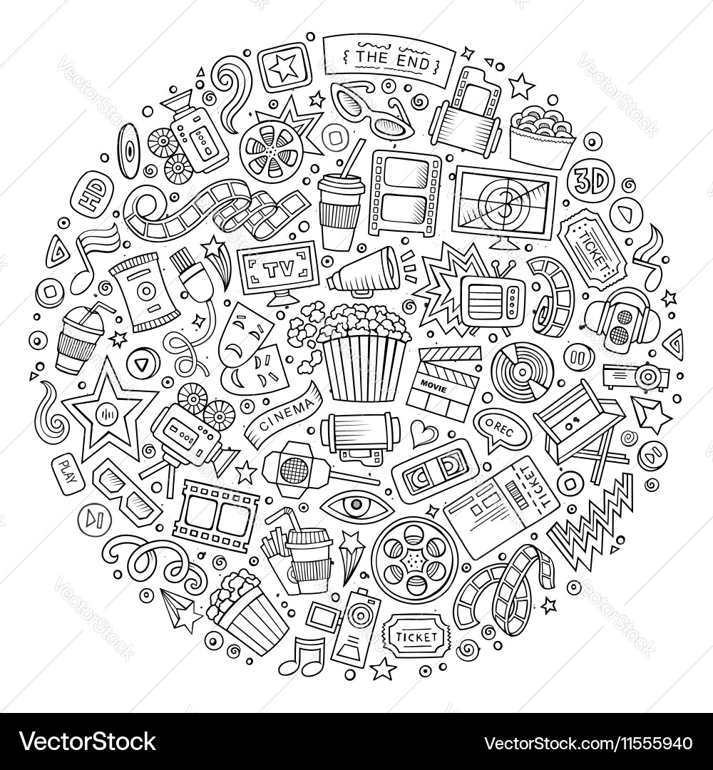 Set of cinema cartoon doodle objects Royalty Free Vector