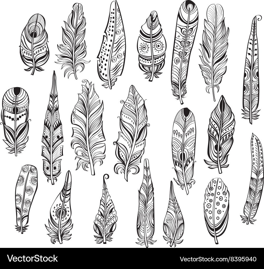 Set of ethnic feathers in native style Royalty Free Vector