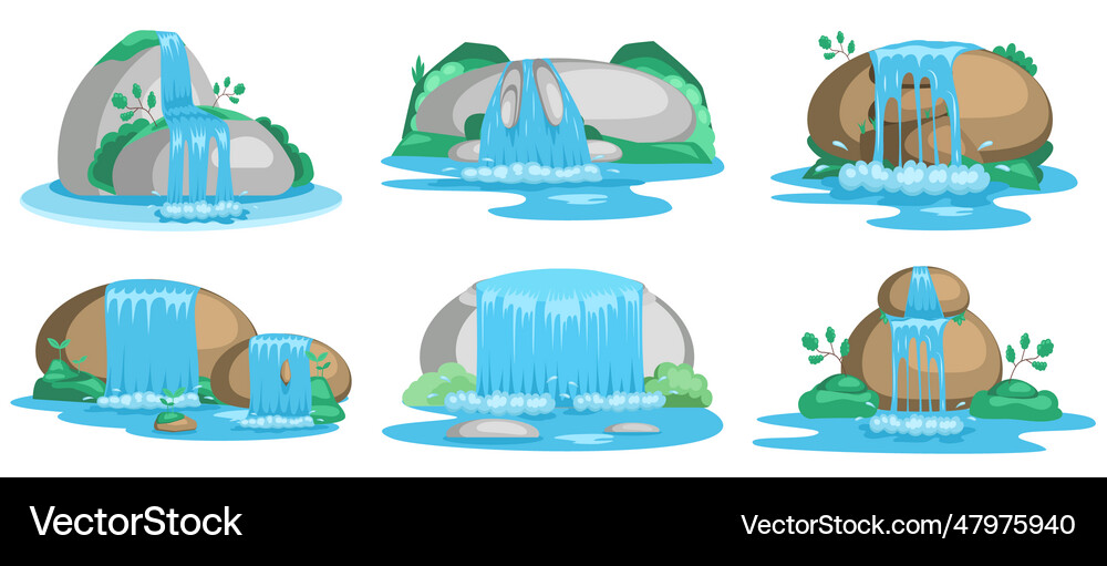 Set of waterfall river falls from cliff Royalty Free Vector