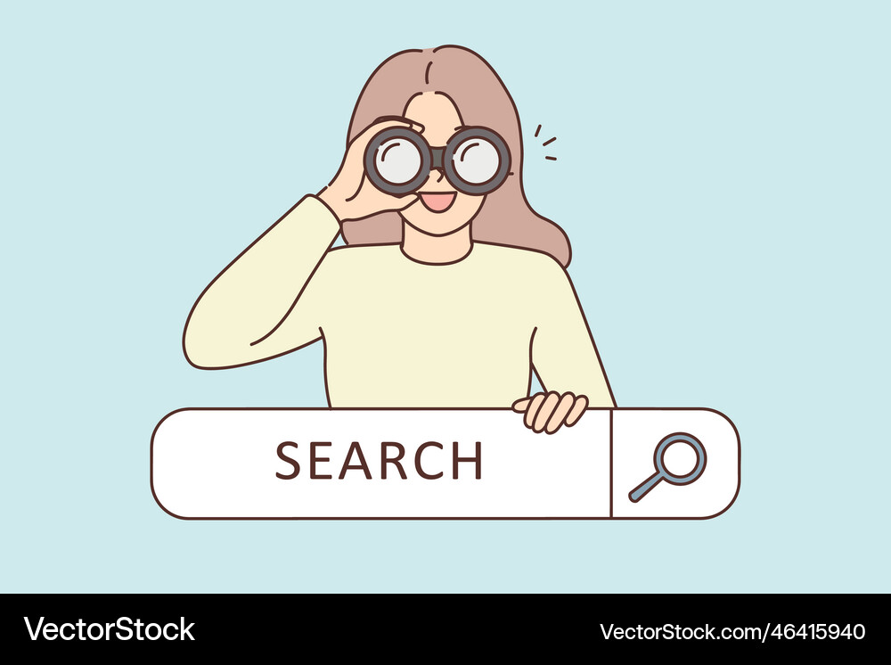 Smiling woman with binoculars search on web Vector Image