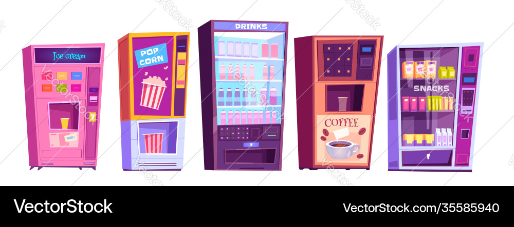 Vending machines with snacks and drinks icons set Vector Image