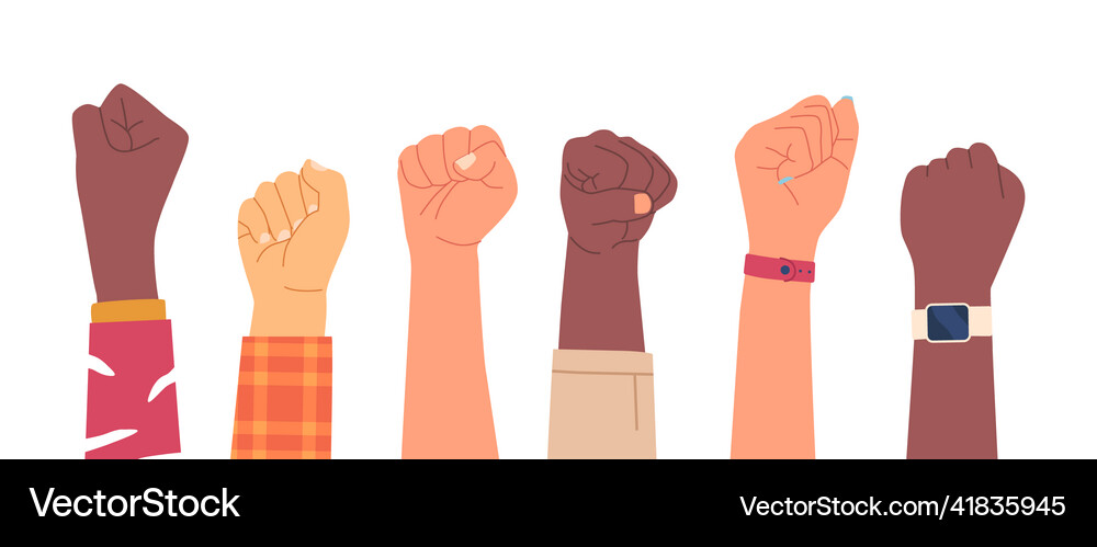Fists row protest black and white hands against Vector Image