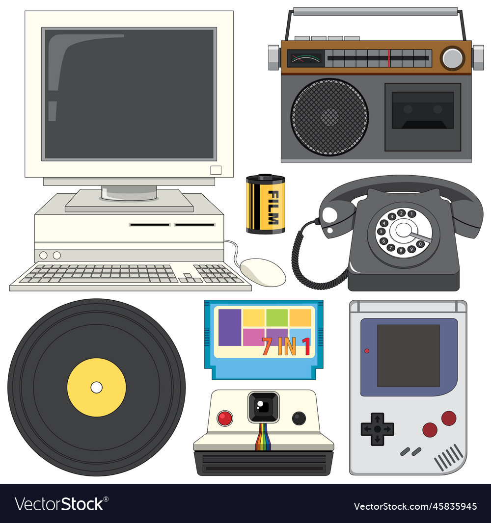Retro device objects and elements set Royalty Free Vector