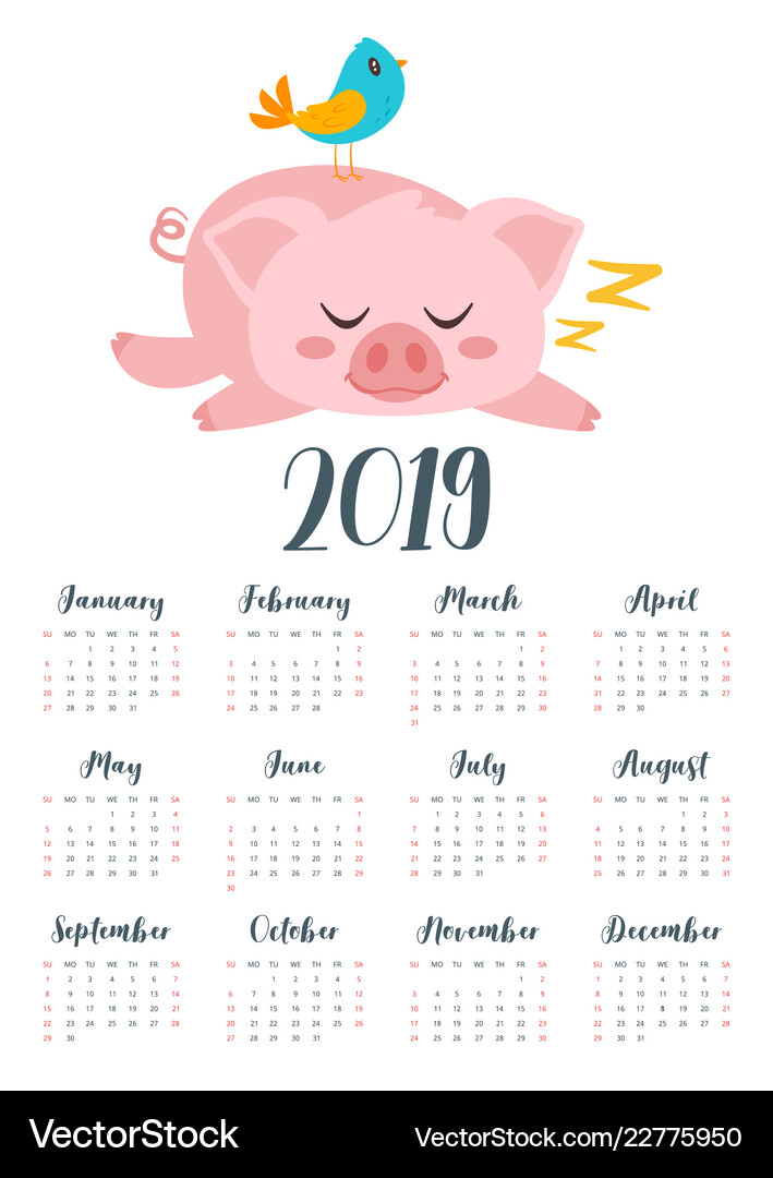 2019 pig year monthly calendar Royalty Free Vector Image