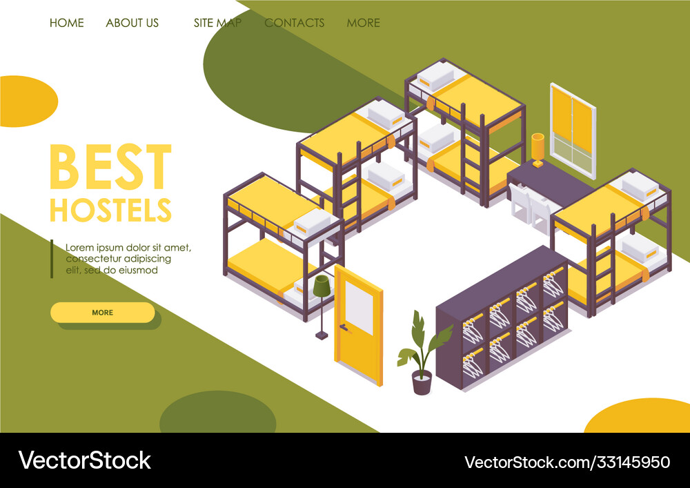 Landing page hostel isometric set with bunk beds Vector Image
