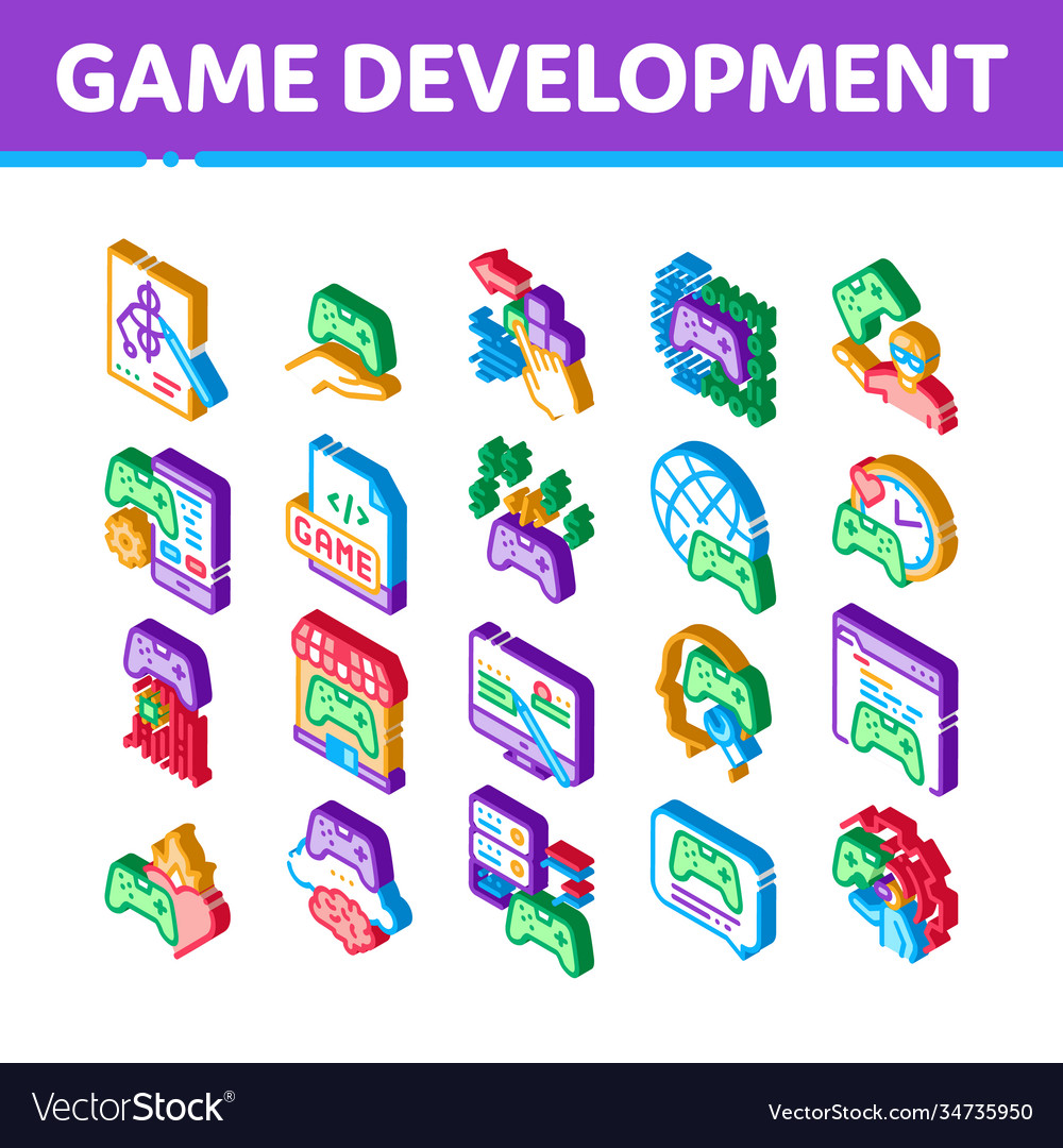 Video game development isometric icons set Vector Image