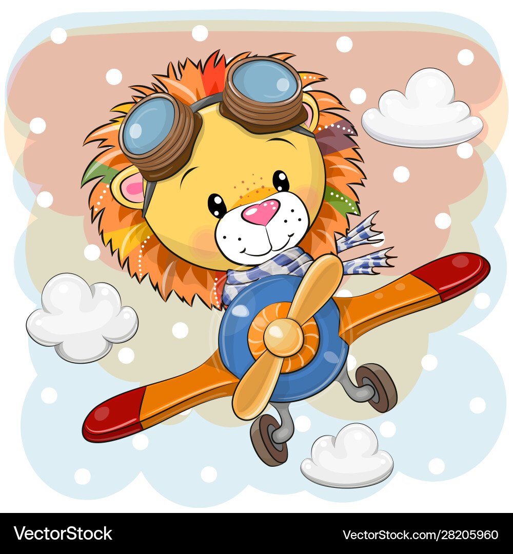 Cartoon lion is flying on a plane Royalty Free Vector Image
