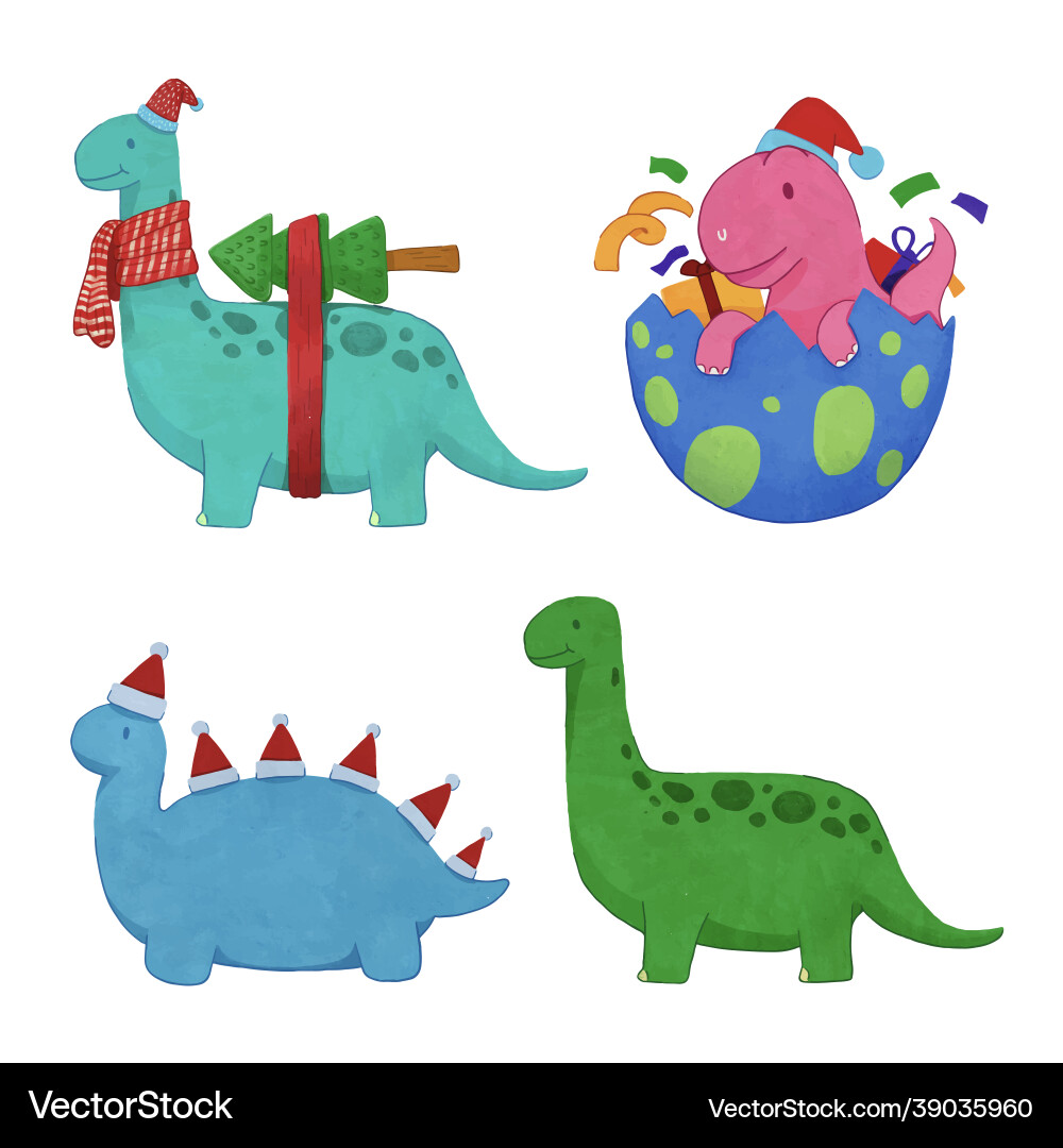 Christmas dinosaur watercolor set Royalty Free Vector Image