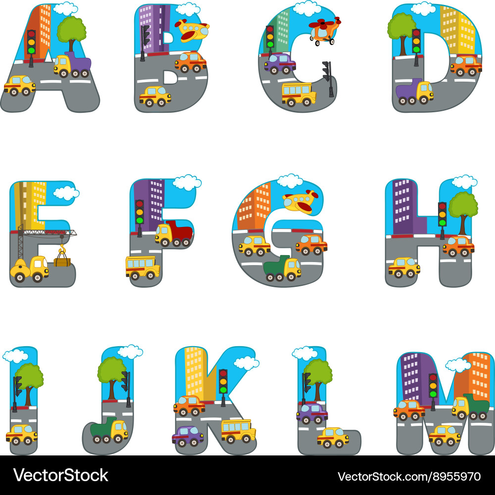 Alphabet city from A to M Royalty Free Vector Image