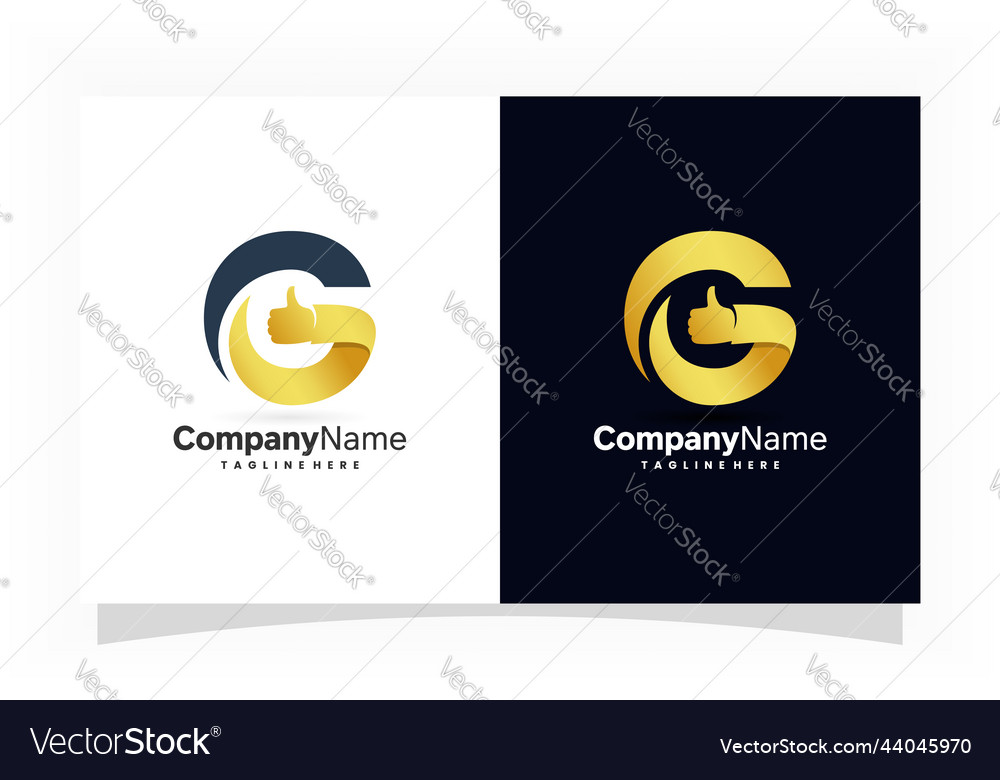 Gold letter g logo and thumbs up shape Royalty Free Vector