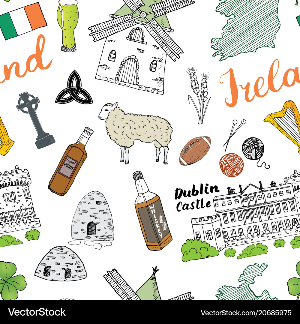 Ireland sketch doodles seamless pattern irish Vector Image