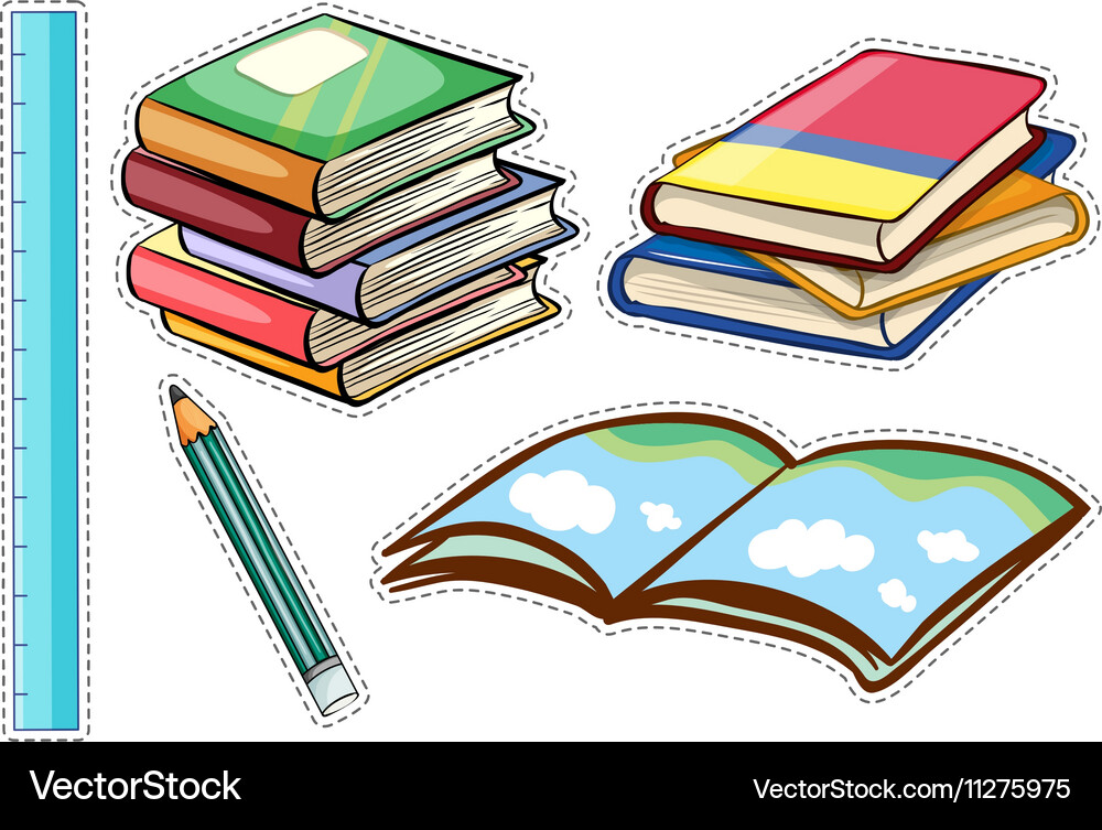 Sticker set with books and stationaries Royalty Free Vector
