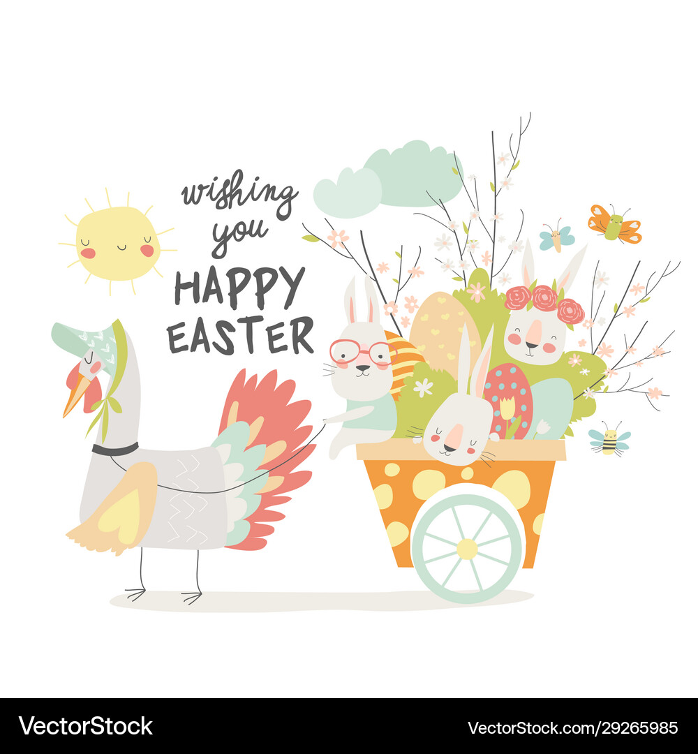 Cute cartoon bunny with easter eggs and flowers Vector Image