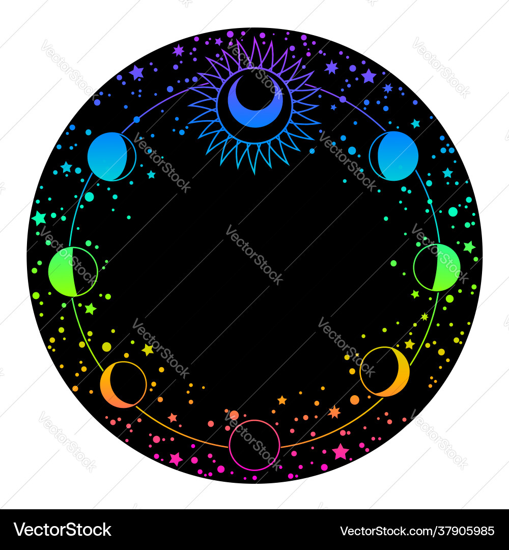 Mystical round neon frame with moon and sun Vector Image