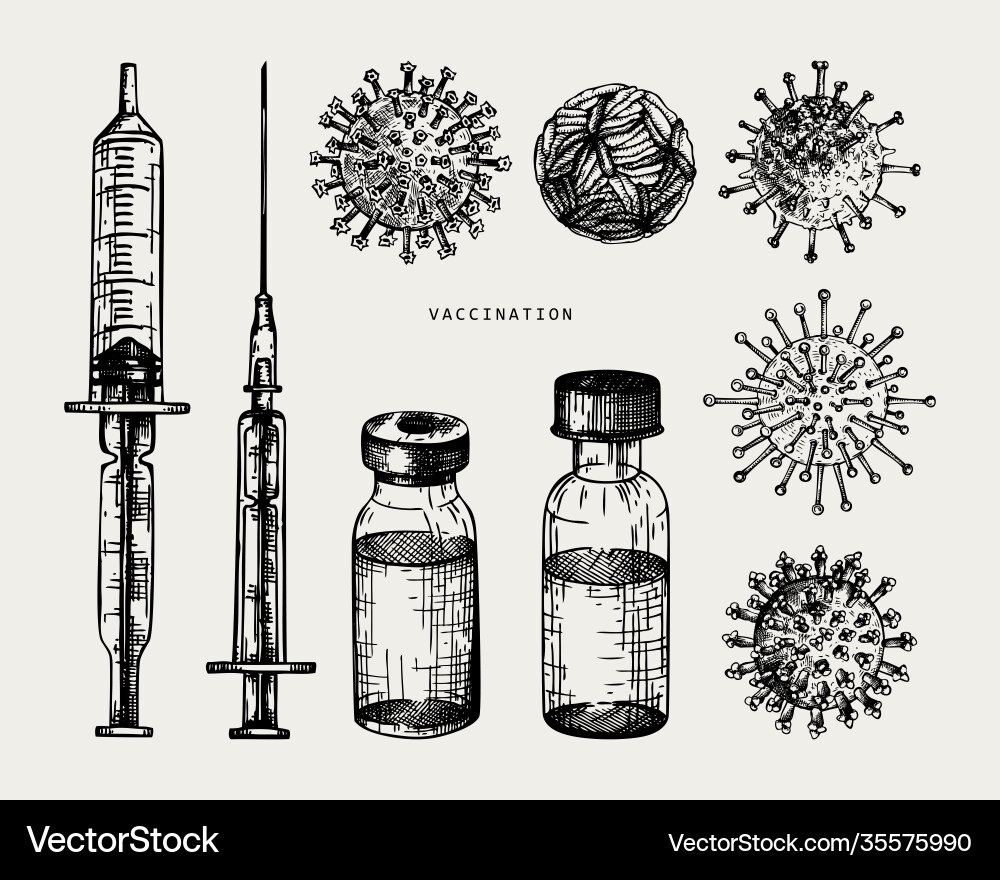 Coronavirus vaccine set hand sketched concept Vector Image