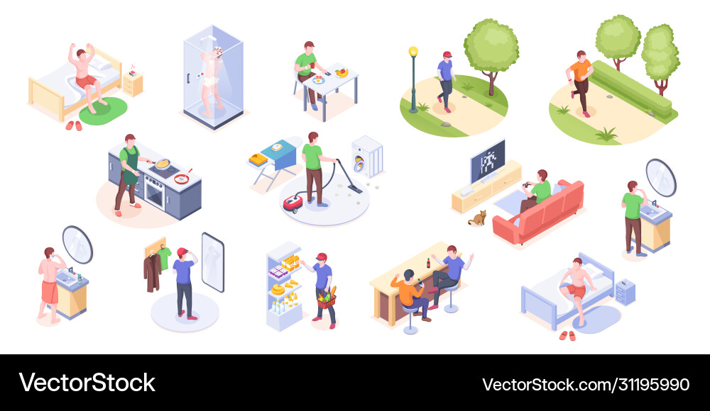 Man daily life home routine activity isometric Vector Image