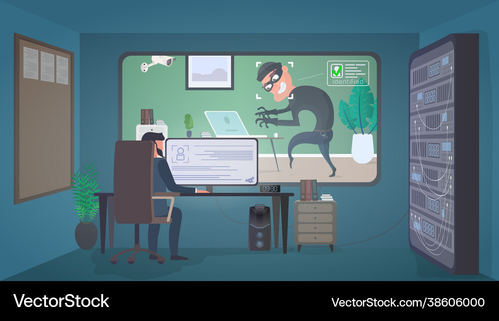 Security room a masked thief steals a laptop Vector Image