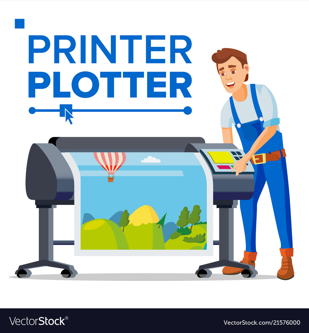Worker with plotter man large format Royalty Free Vector