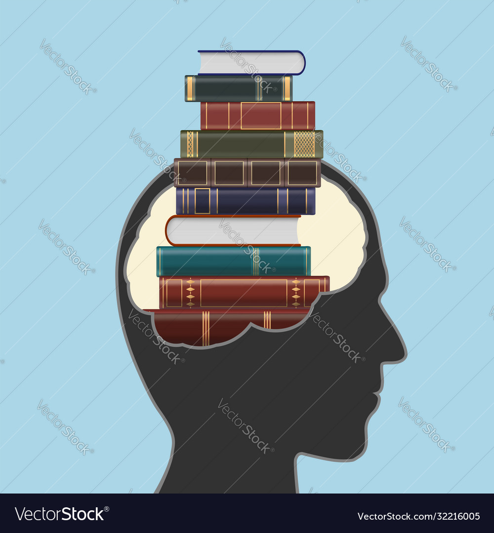 Human head with a stack books inside Royalty Free Vector