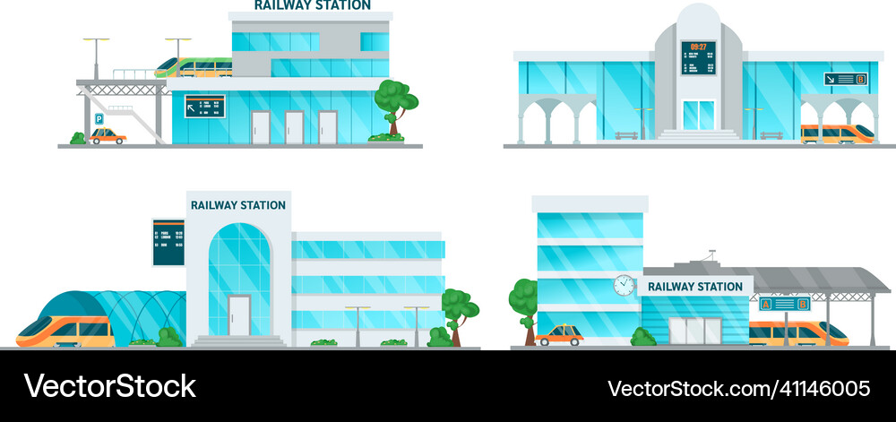 Railway station building cartoon set Royalty Free Vector
