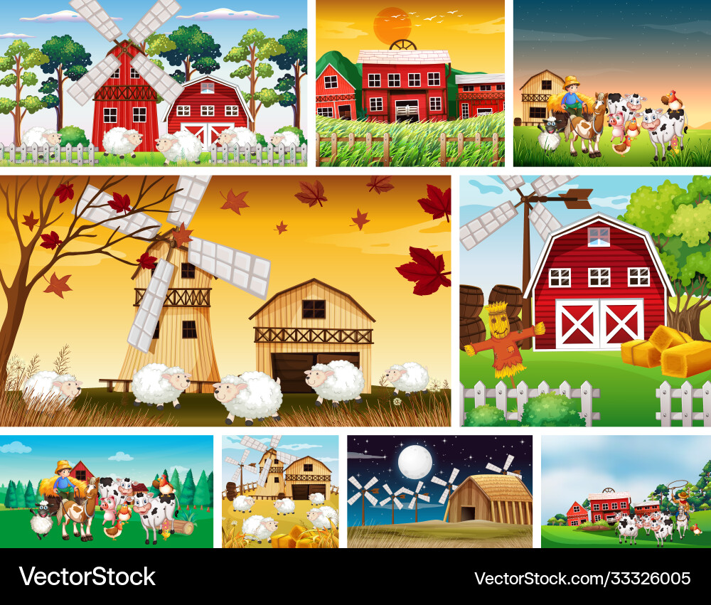 Set different farm scenes with animal Royalty Free Vector