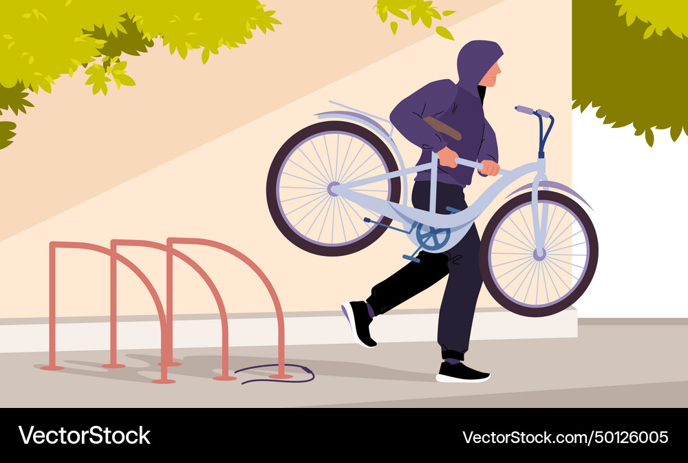 Thief stealing bicycle from rack in public city Vector Image