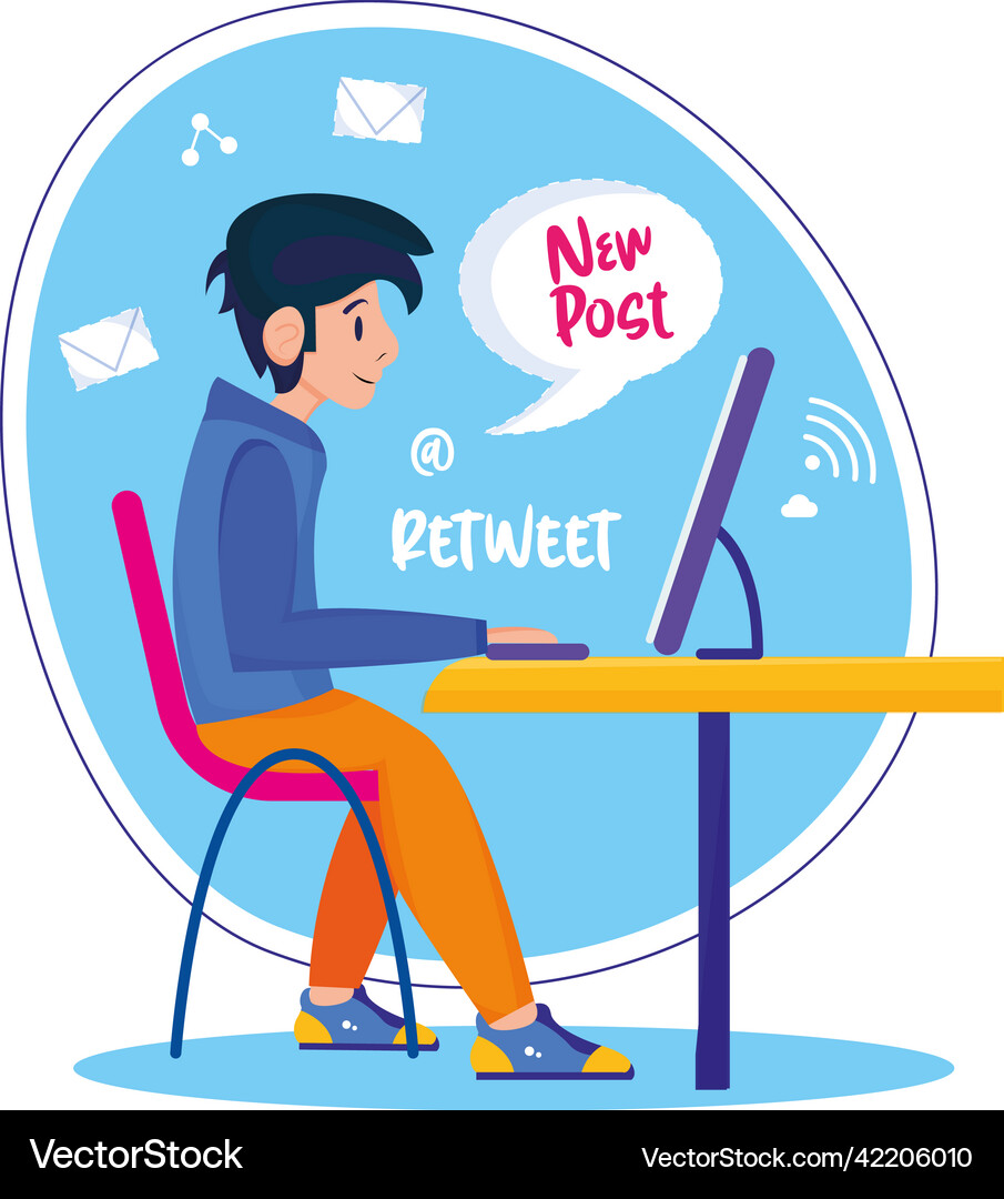 Boy cartoon posting on his computer social media Vector Image