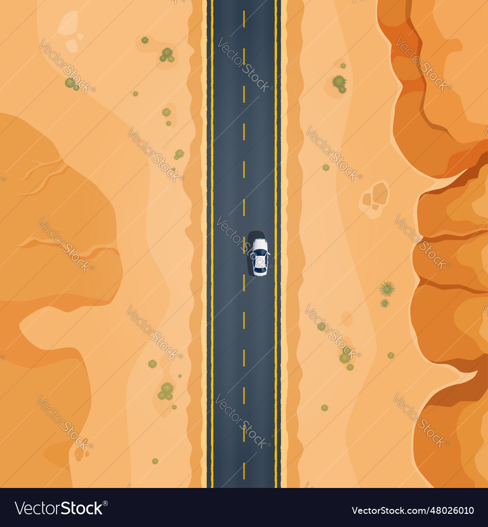 Desert road top view of car driving along highway Vector Image