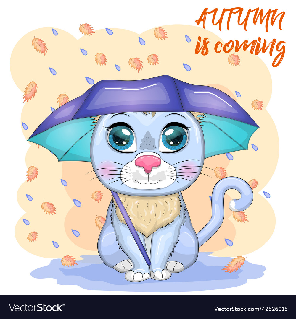Cartoon cat with an umbrella autumn is coming Vector Image