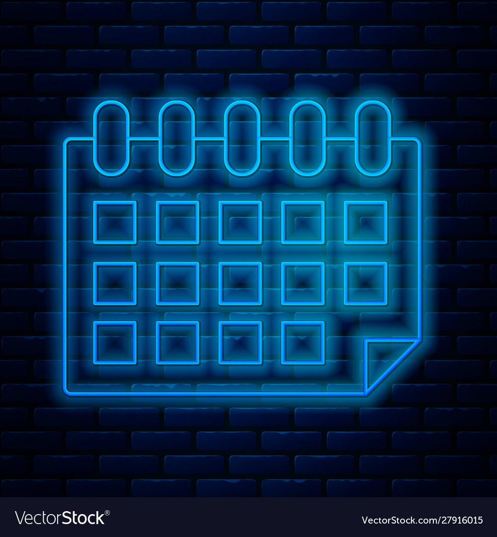Glowing neon line calendar icon isolated on brick Vector Image
