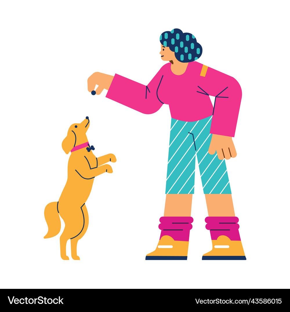 Smiling young woman teaching dog do commands using
