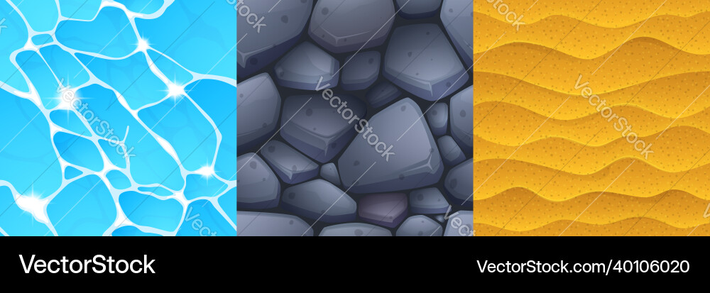 Game textures of water stones and sand patterns Vector Image