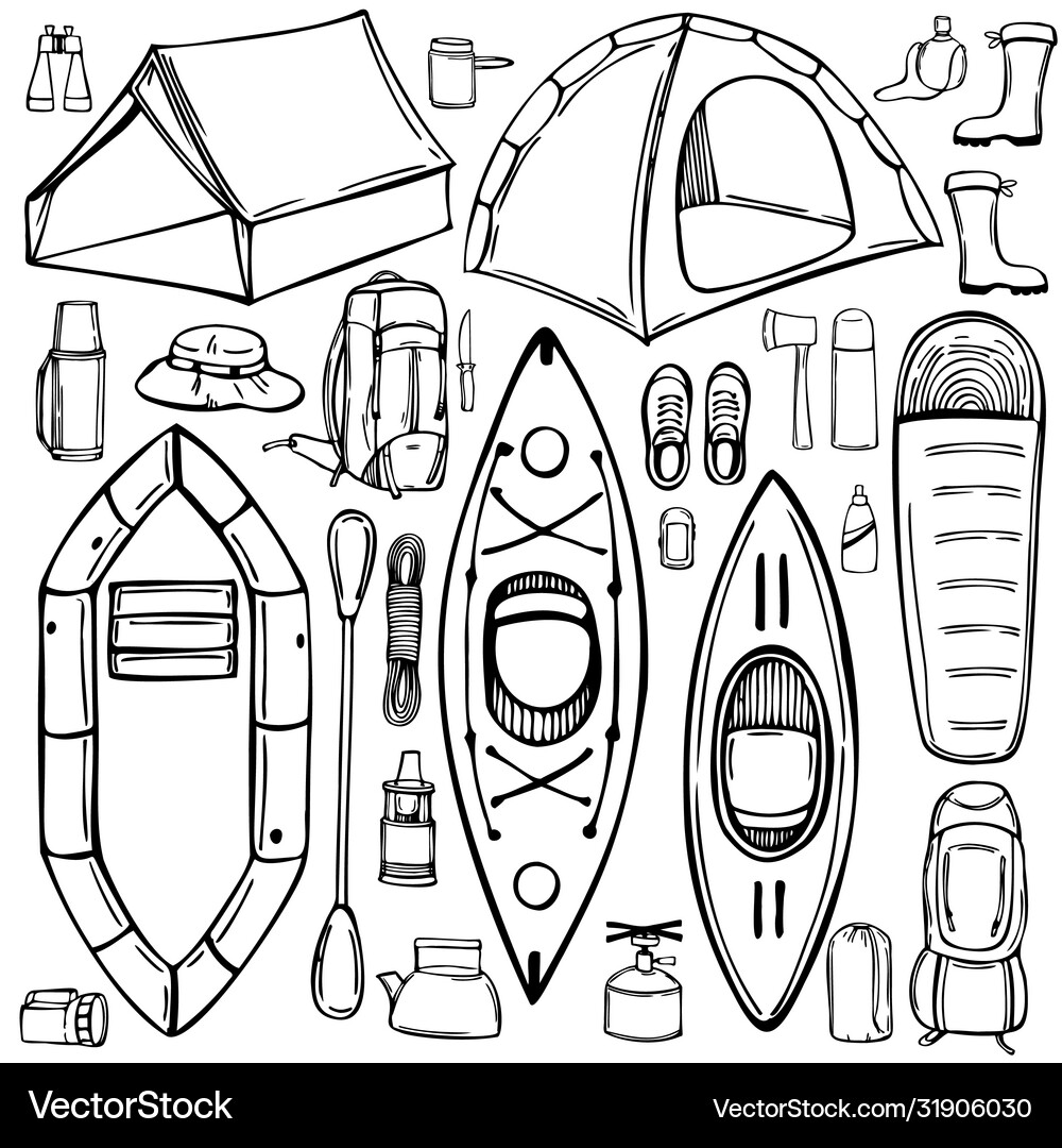 Hand drawn camping items set camping tents Vector Image