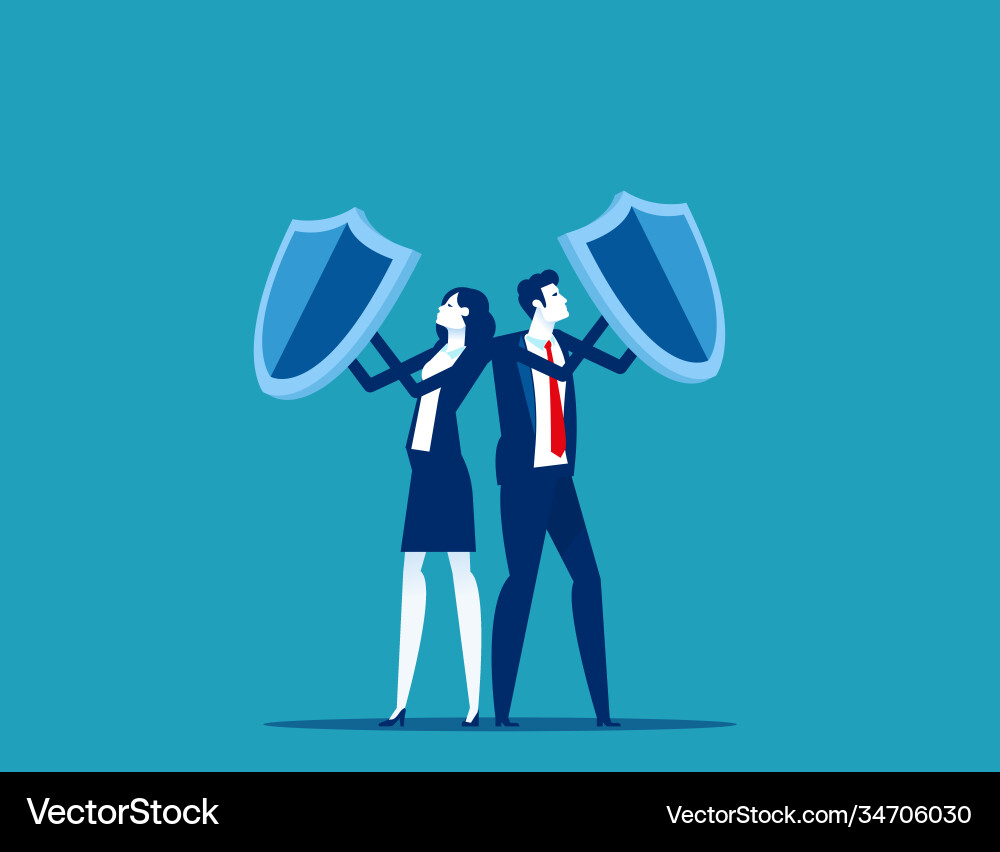 Team holding shields against business teamwork Vector Image