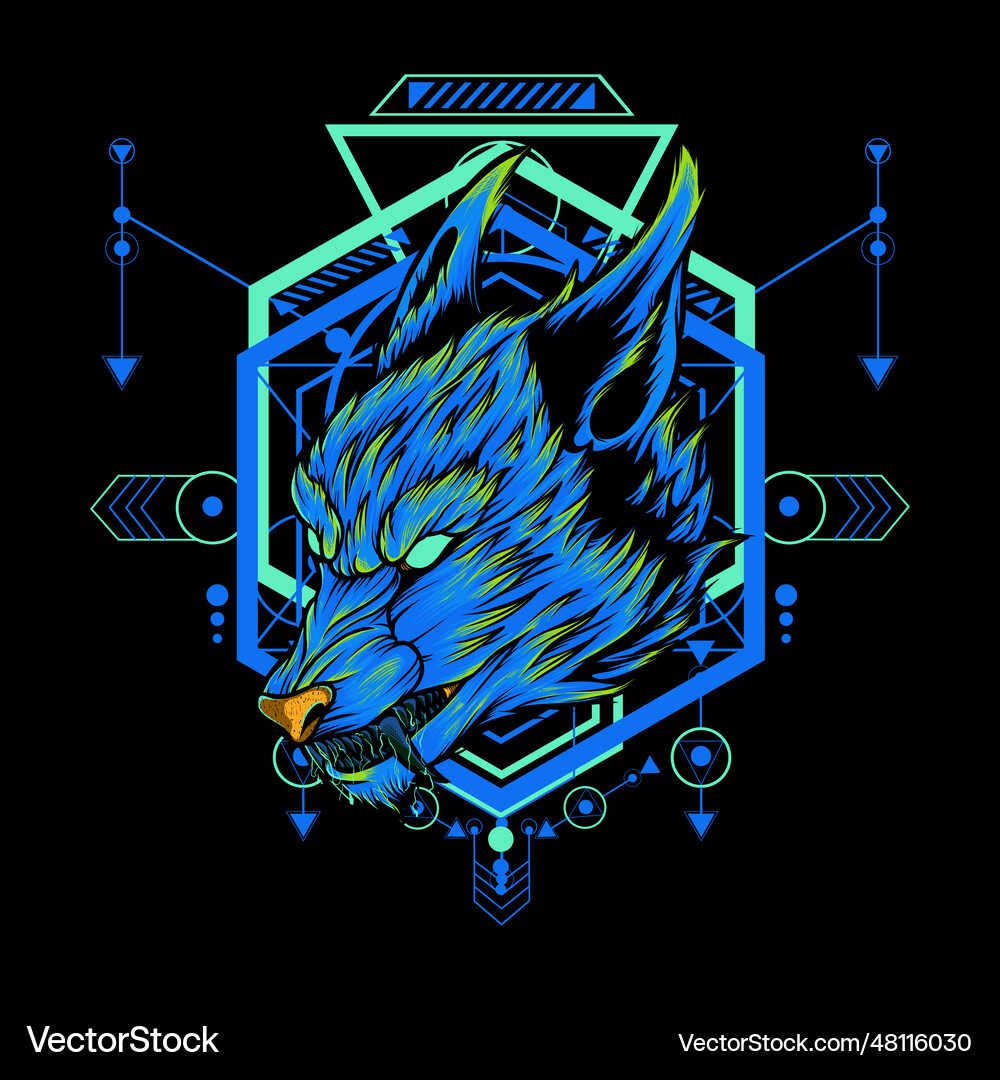 Wolf in neon color with sacred geometry Royalty Free Vector