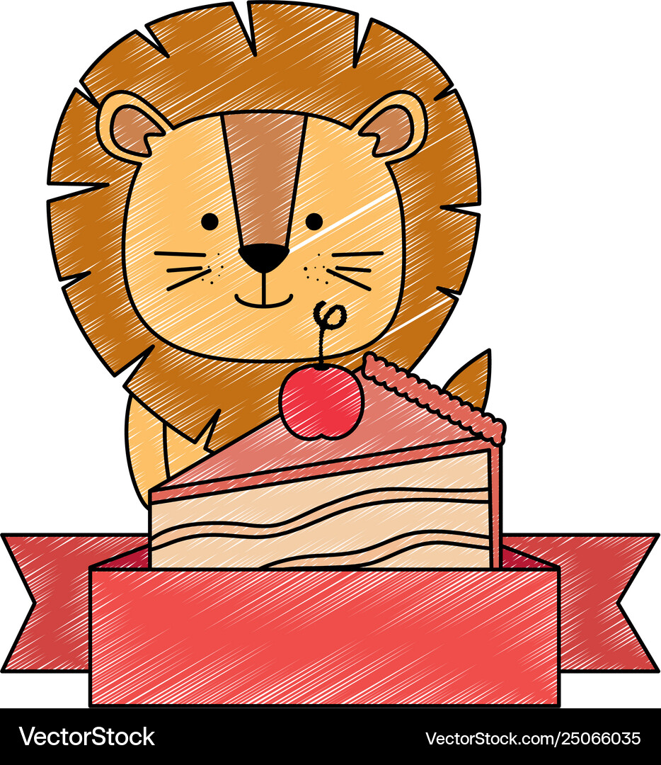 Cute lion with sweet cake portion character Vector Image