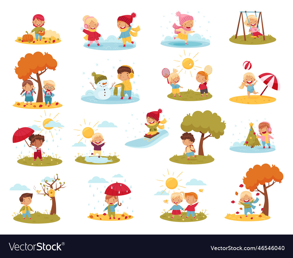 Kids enjoying four seasons playing at nature big Vector Image