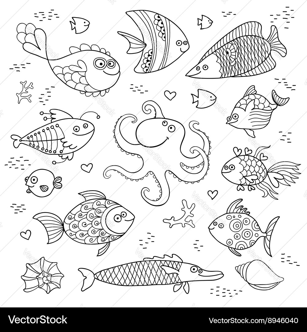 Set cute fish and octopus for design child Vector Image